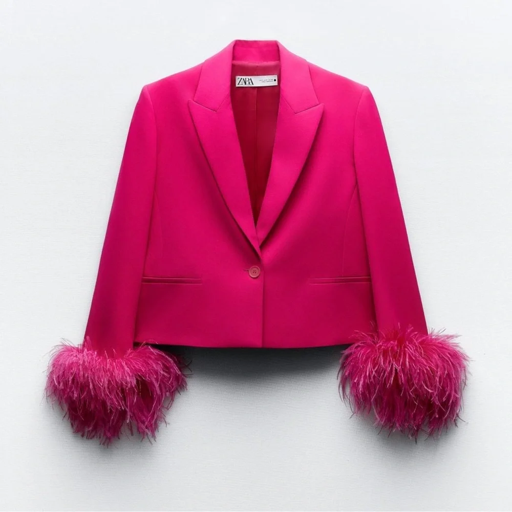 Zara | Jackets & Coats | Zara Pink Short Feather Blazer | Poshmark